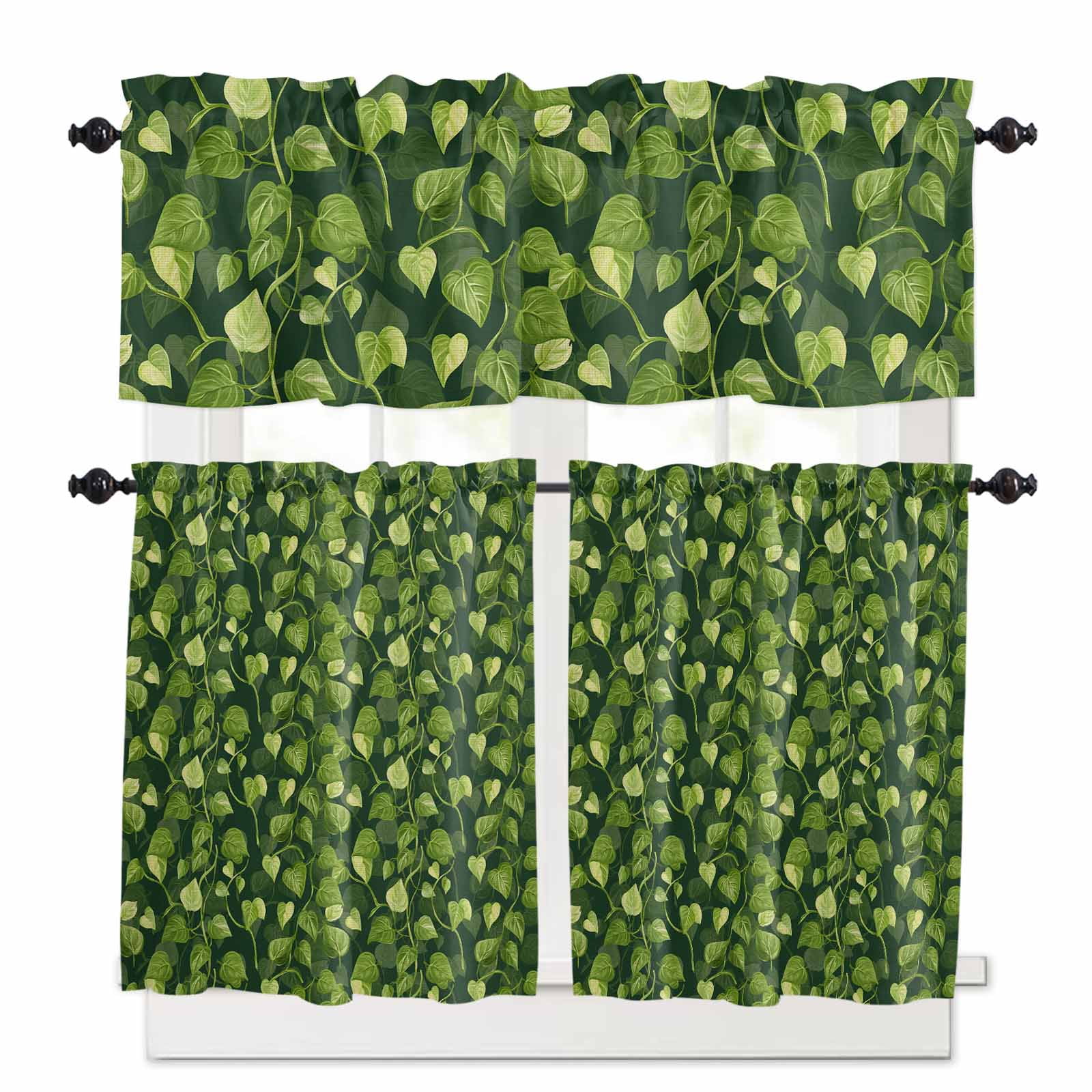 Dark Green Leaf Kitchen Curtains Valances and Tiers Set of 3 Watercolor ...