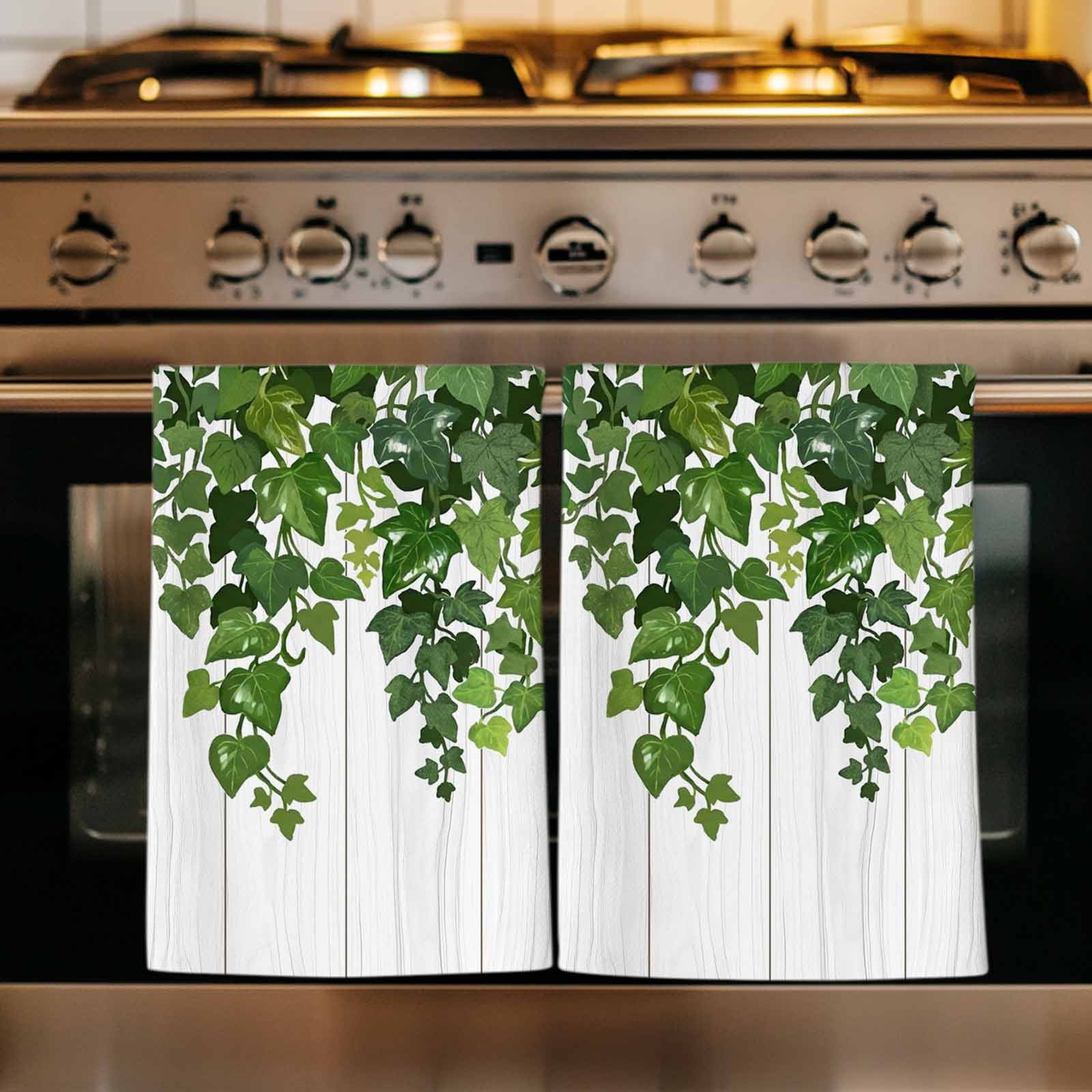 Dark Green Leaf Kitchen Towels Set of 1, Spring Watercolor Plant Wooden ...