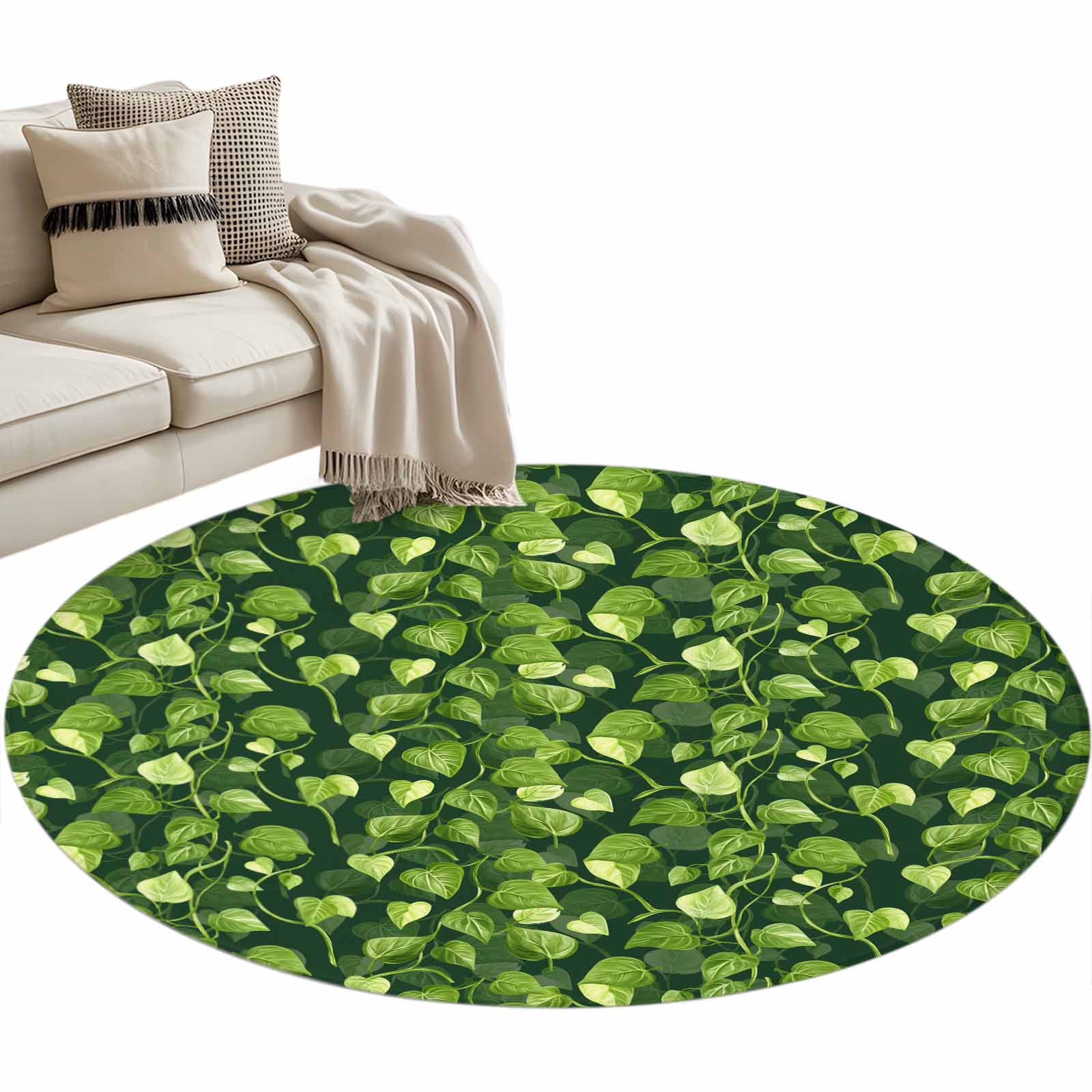 Dark Green Leaf Round Area Rug 3.3ft Watercolor Spring Dark Green ...