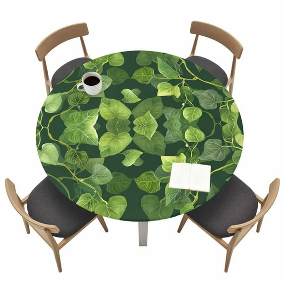 Dark Green Leaf Round Fitted Tablecloth with Elastic Edge Spring ...