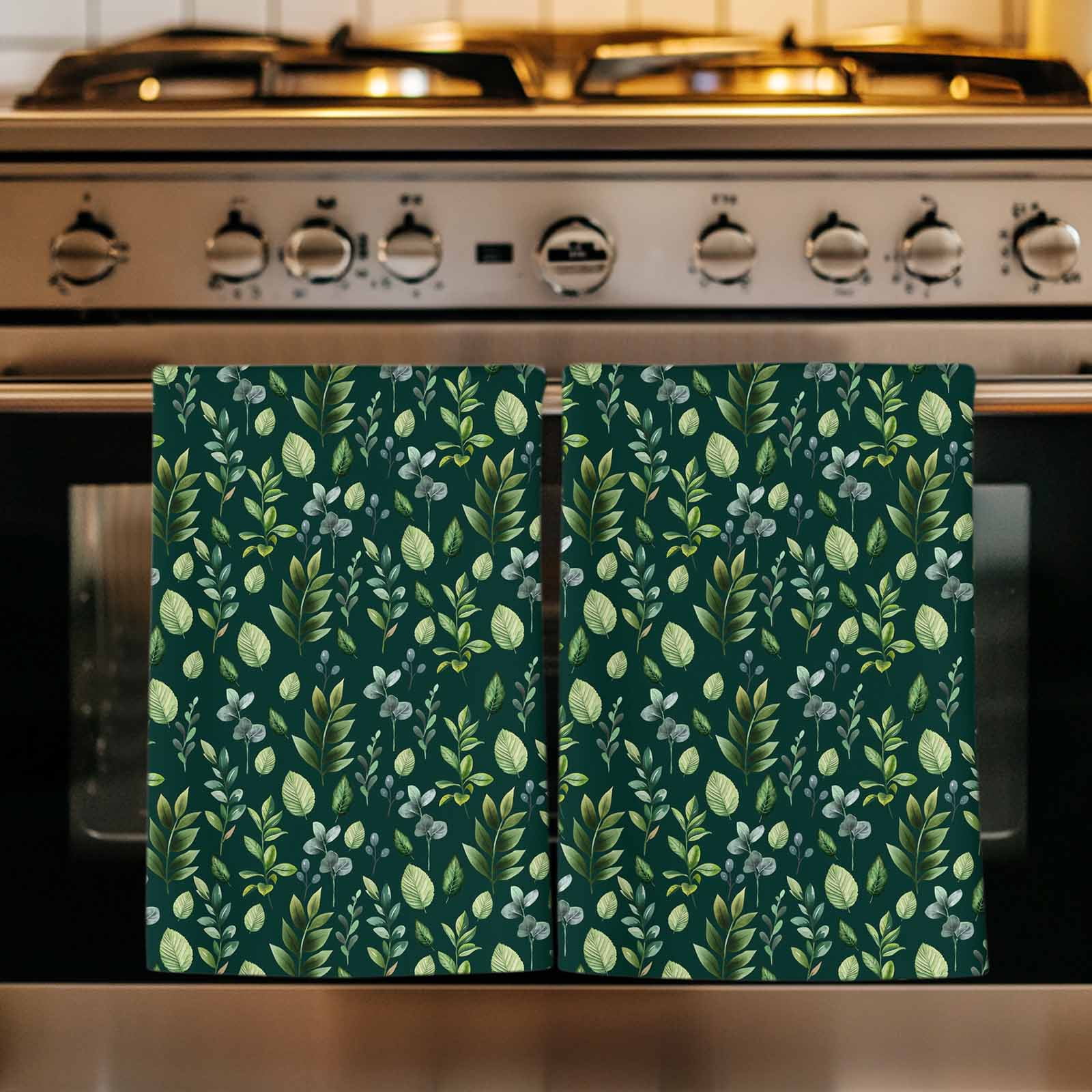 Dark Green Leaves Kitchen Towels Set of 1, Pastoral Watercolor ...