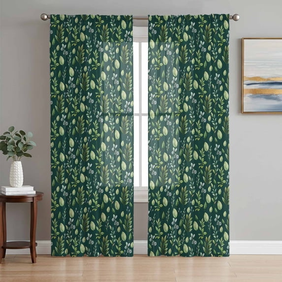 Dark Green Leaves Sheer Curtains 72 Inch Length 2 Panels Set, Pastoral ...