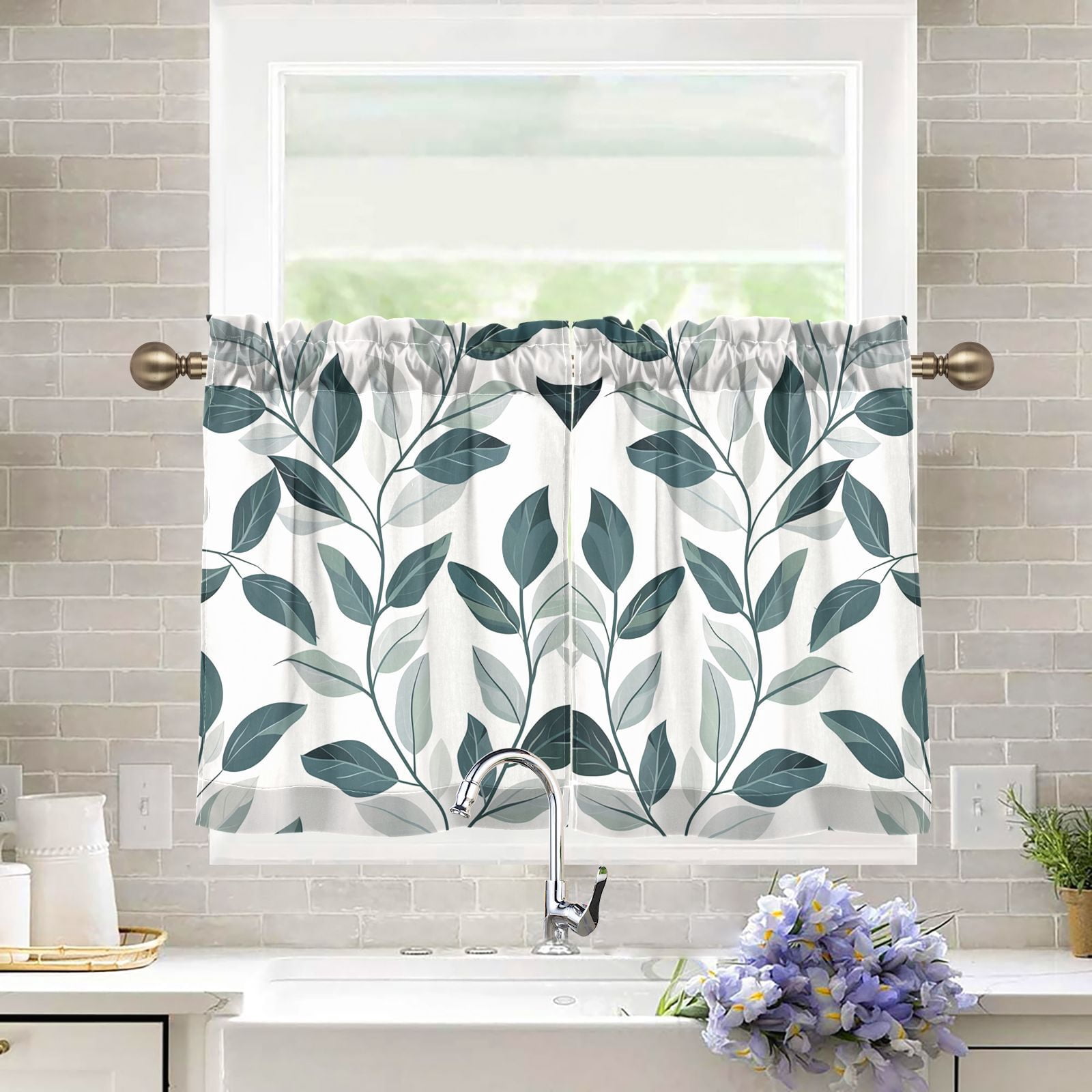 Dark Green Leaves Vines Kitchen Curtains Half Tier Curtain 2 Rod ...