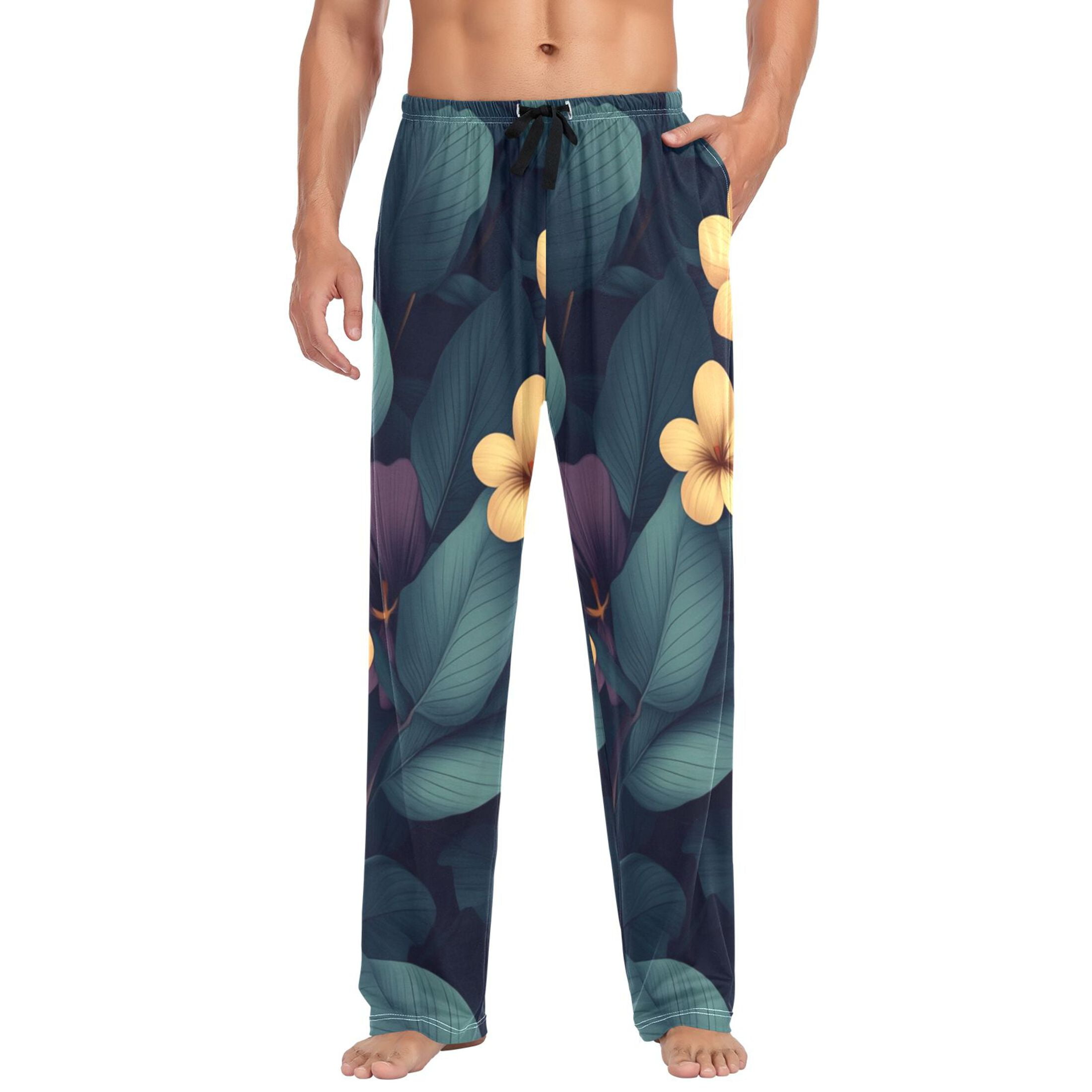 Dark Green Leaves and Yellow Flowers Mens Cotton Pajama Pant Sleep and ...