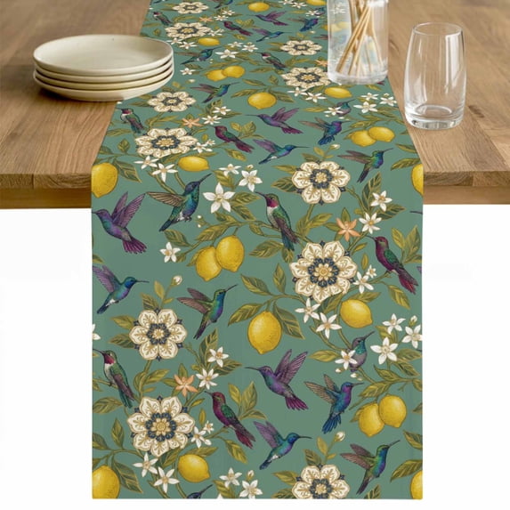 Dark Green Lemon Birds Table Runner - 120 Inch Long Summer Botanical ...