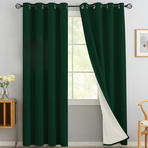 Dark Green Linen Curtains 100% Blackout 96 Inches Long,Room Darkening ...