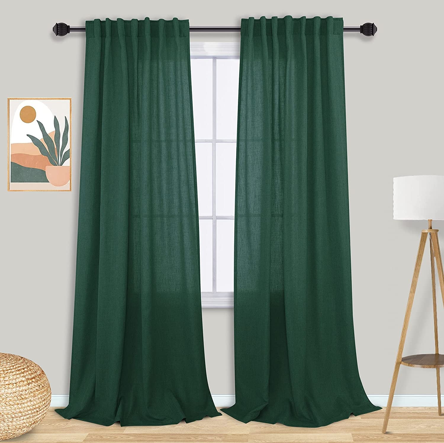 Dark Green Linen Curtains 84 Inches Long for Living Room,Back Tab ...