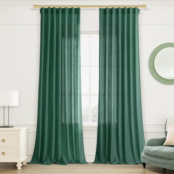 Dark Green Linen Semi-Sheer Curtains 96" Long, Light Filtering Boho ...