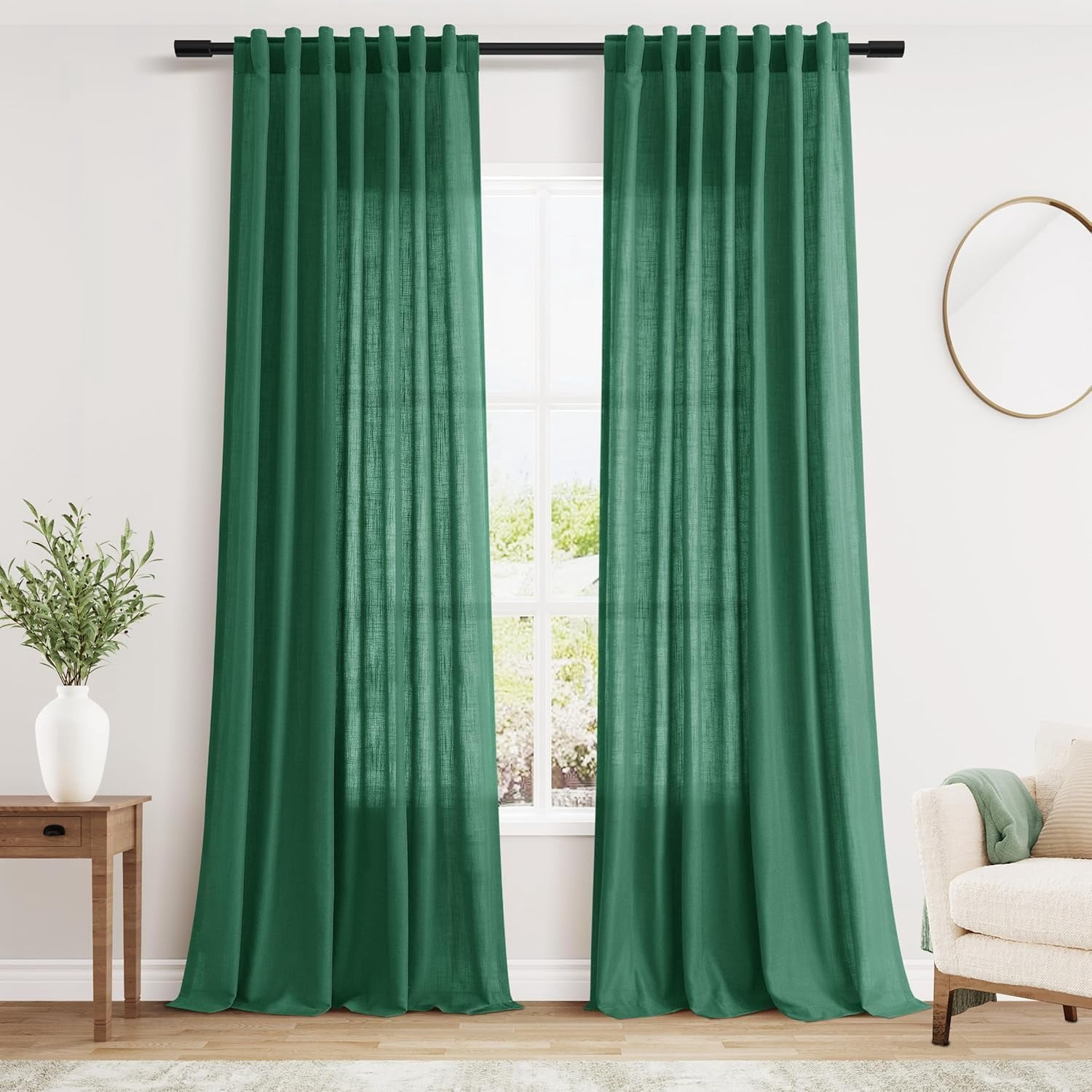 Dark Green Linen Sheer Curtains 102" Long, Light Filtering Back Tab ...