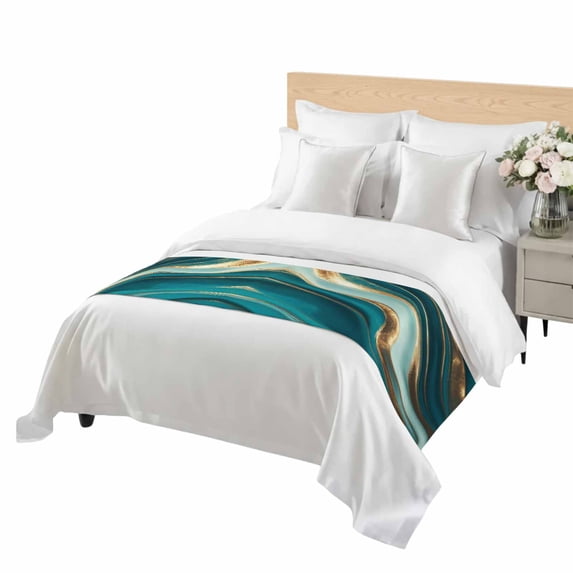 Dark Green Marble Bed Runner Cal King Size Gold Line Abstract Art Fluid ...
