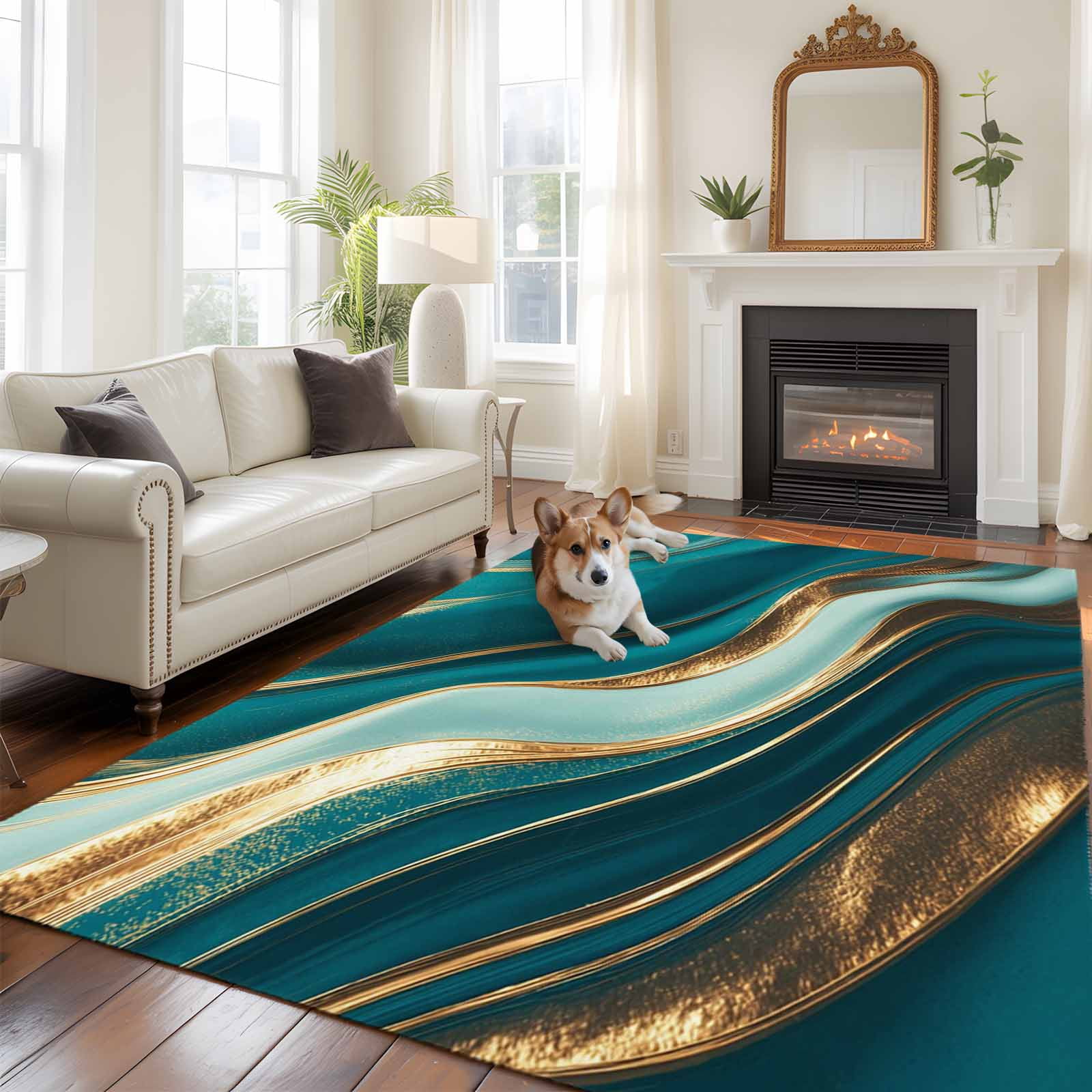 Dark Green Marble Large Area Rugs 6x9 ft Gold Line Abstract Art Fluid ...