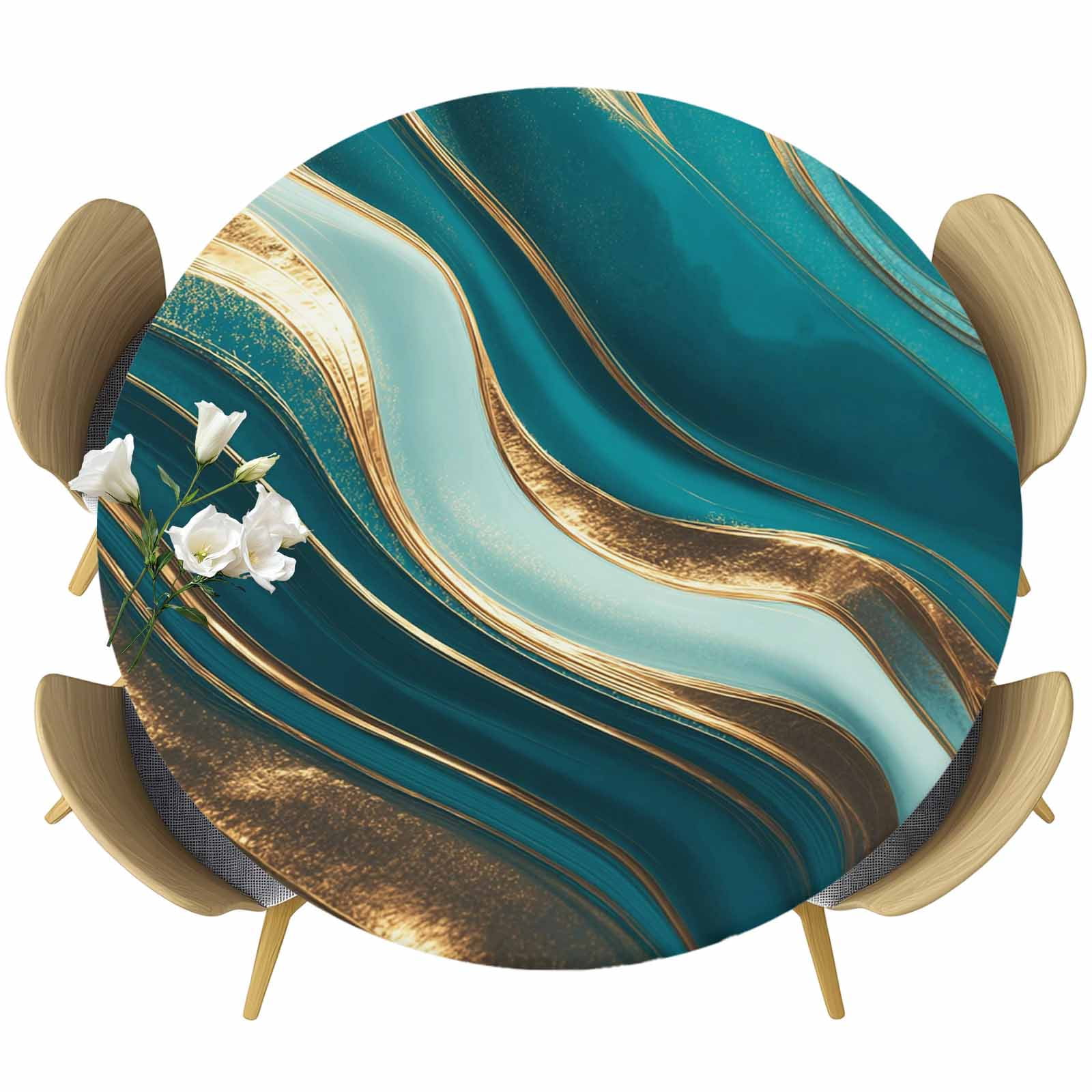 Dark Green Marble Round Fitted Tablecloth with Elastic Edge, Gold Line ...