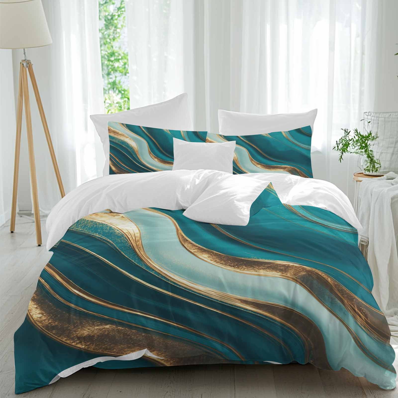 Dark Green Marble Twin Size Comforter Set, Gold Line Abstract Art Fluid ...