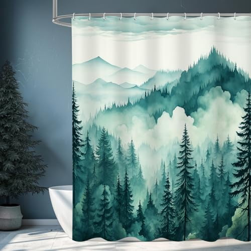 Dark Green Misty Pine Forest Shower Curtain, Mountain Foggy Woodland ...