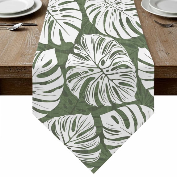 Dark Green Monstera Deliciosa Table Runner Linen Burlap Table Runner 36 ...