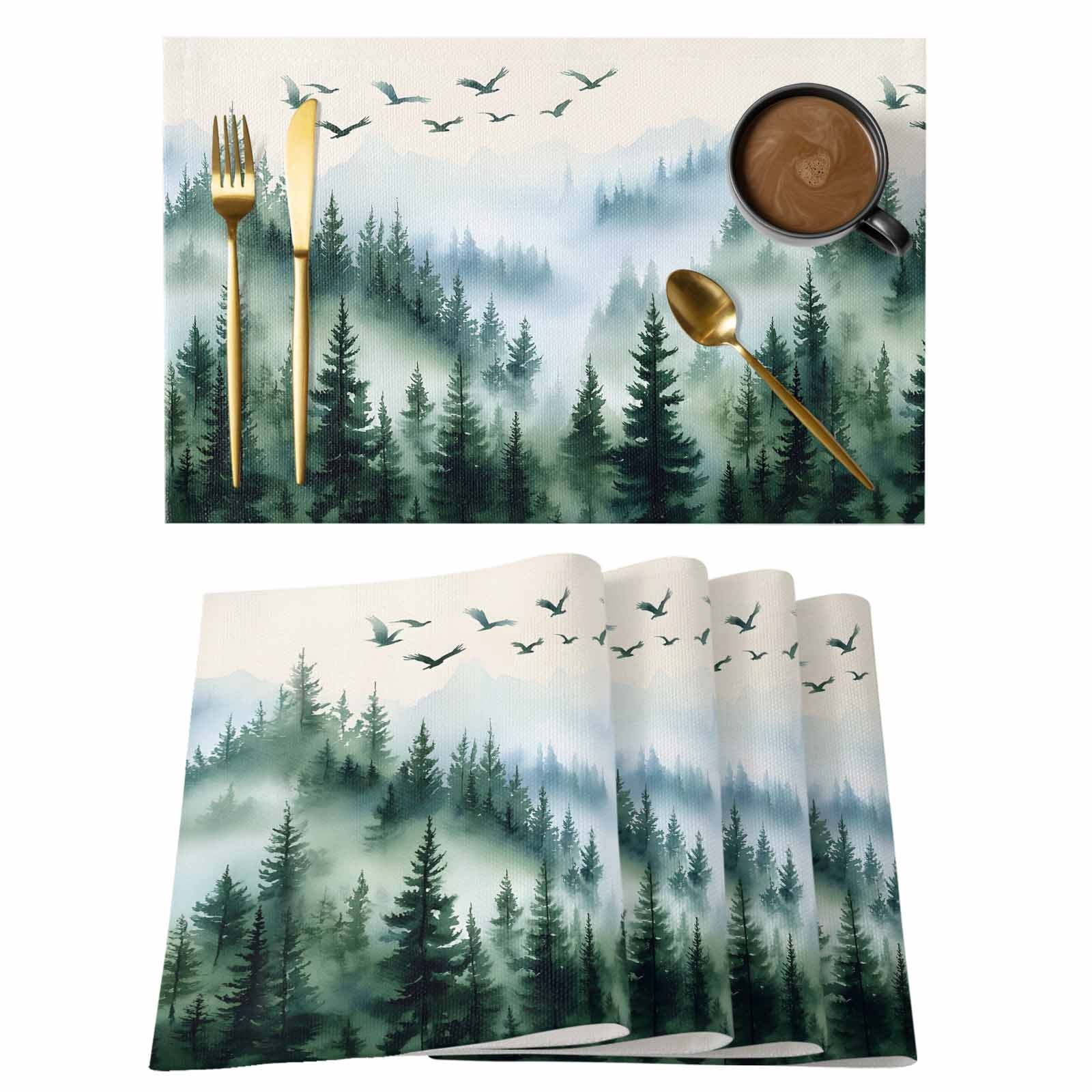 Dark Green Ombre Forest Placemats Set of 6 Watercolor Tree Place Mats ...