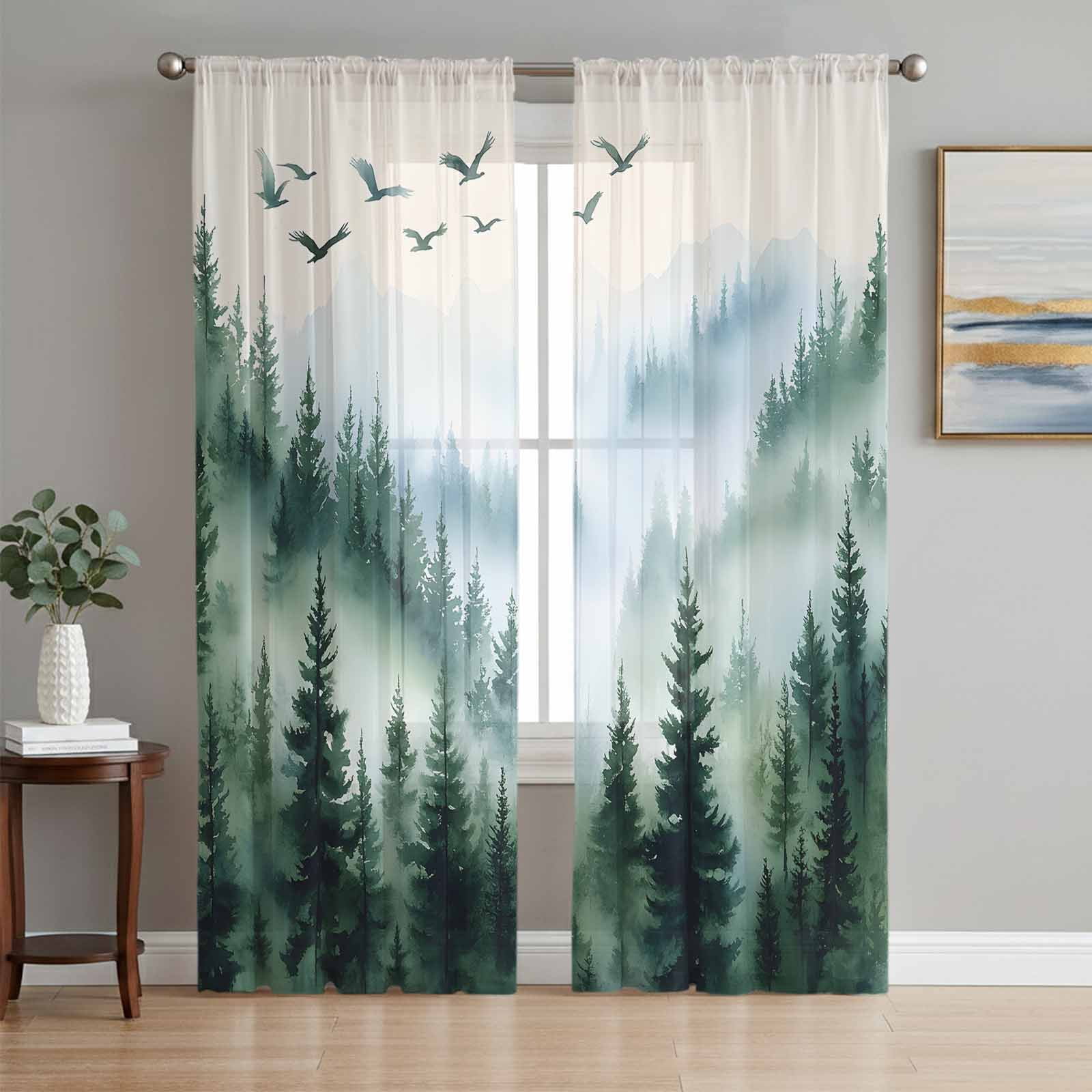 Dark Green Ombre Forest Sheer Curtains 84 Inch Length 2 Panels Set ...