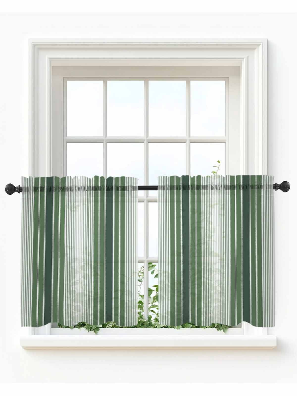 Dark Green Ombre Stripe Tier Curtains 24 Inch Length,Sheer Curtains for ...