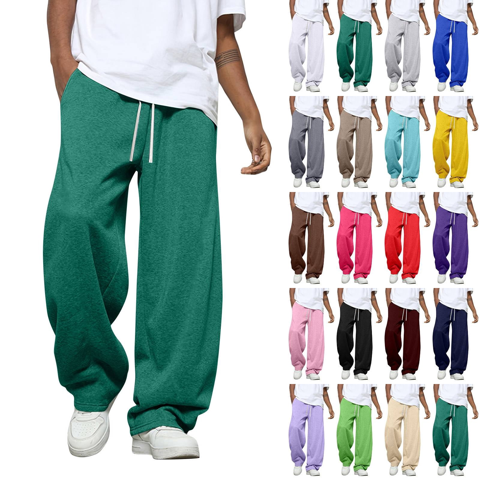 Dark Green Open Hem Sweatpants Mens Straight Wide Leg with Draw Sting ...