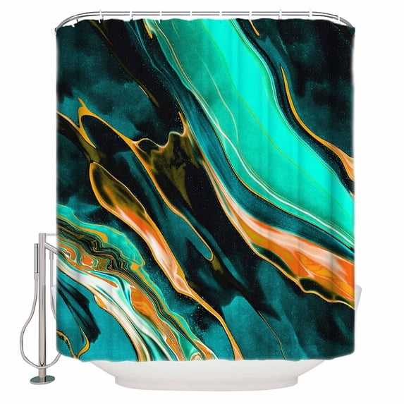 Dark Green Orange Marble Bathroom Shower Curtains with 12 Hooks ...