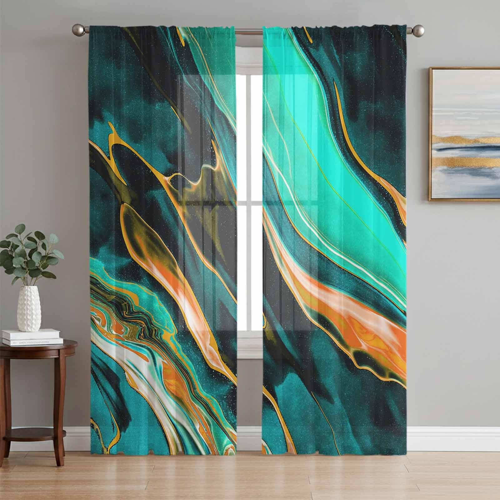 Dark Green Orange Marble Sheer Curtains 84 Inch Length 2 Panels Set ...
