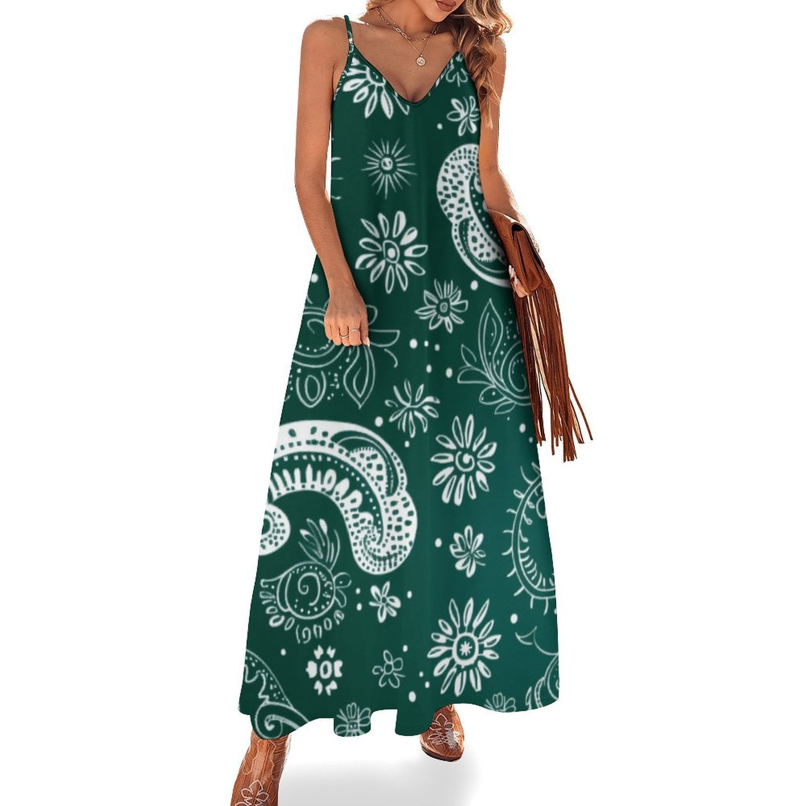 Dark Green Paisley Floral Pattern Design Sleeveless Dress for Women ...