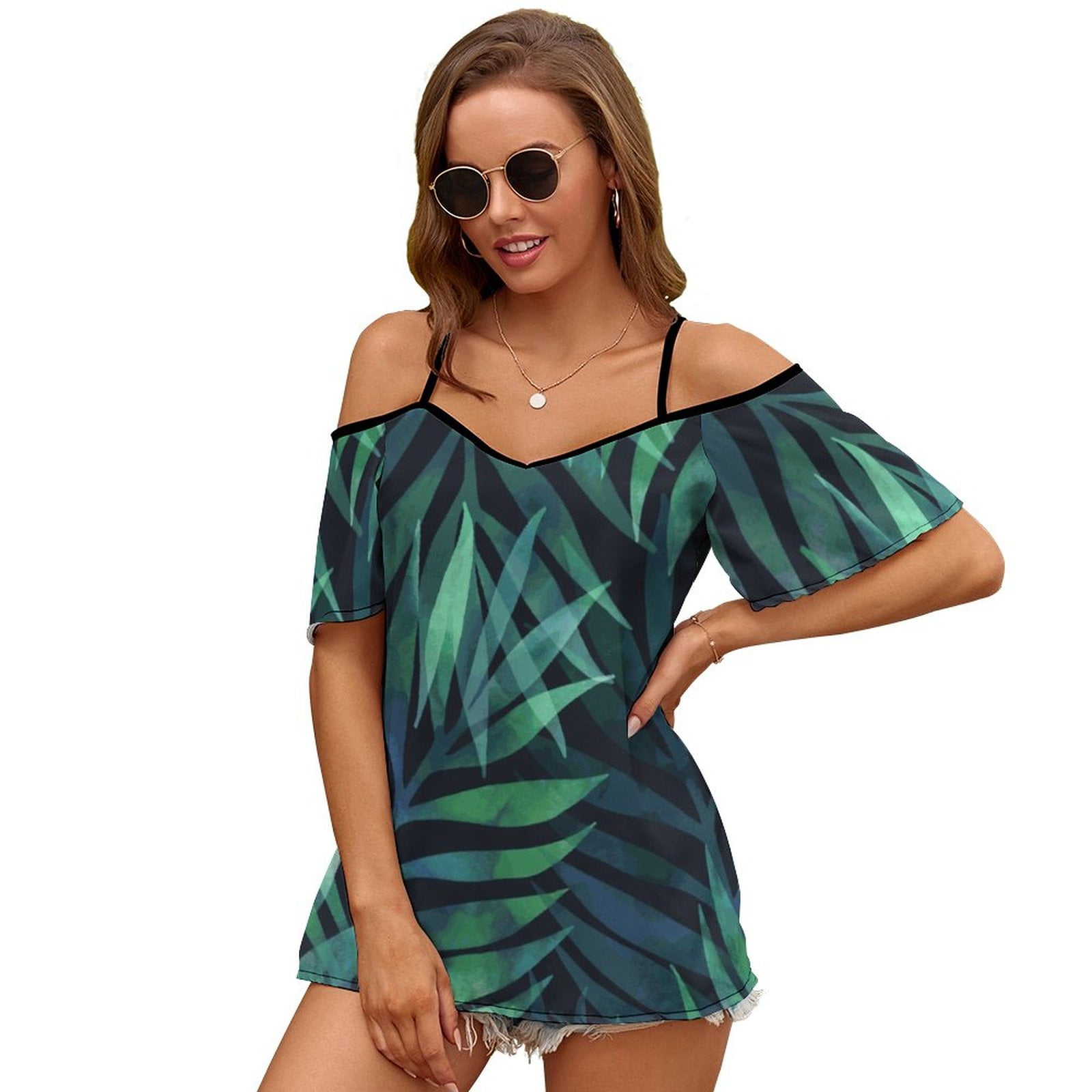 Dark Green Palms Leaves Pattern Sexy And Club Fashion Female T-Shirt ...