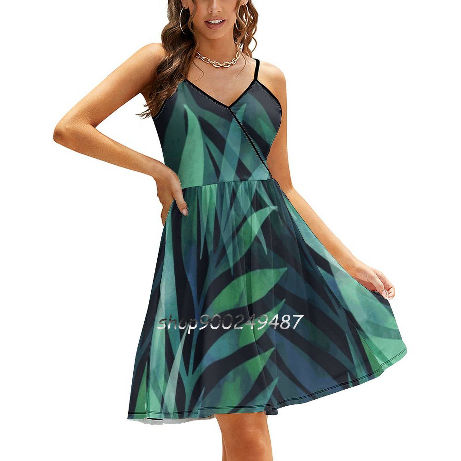 Dark Green Palms Leaves Pattern Sweetheart Knot Flared Dress Fashion ...