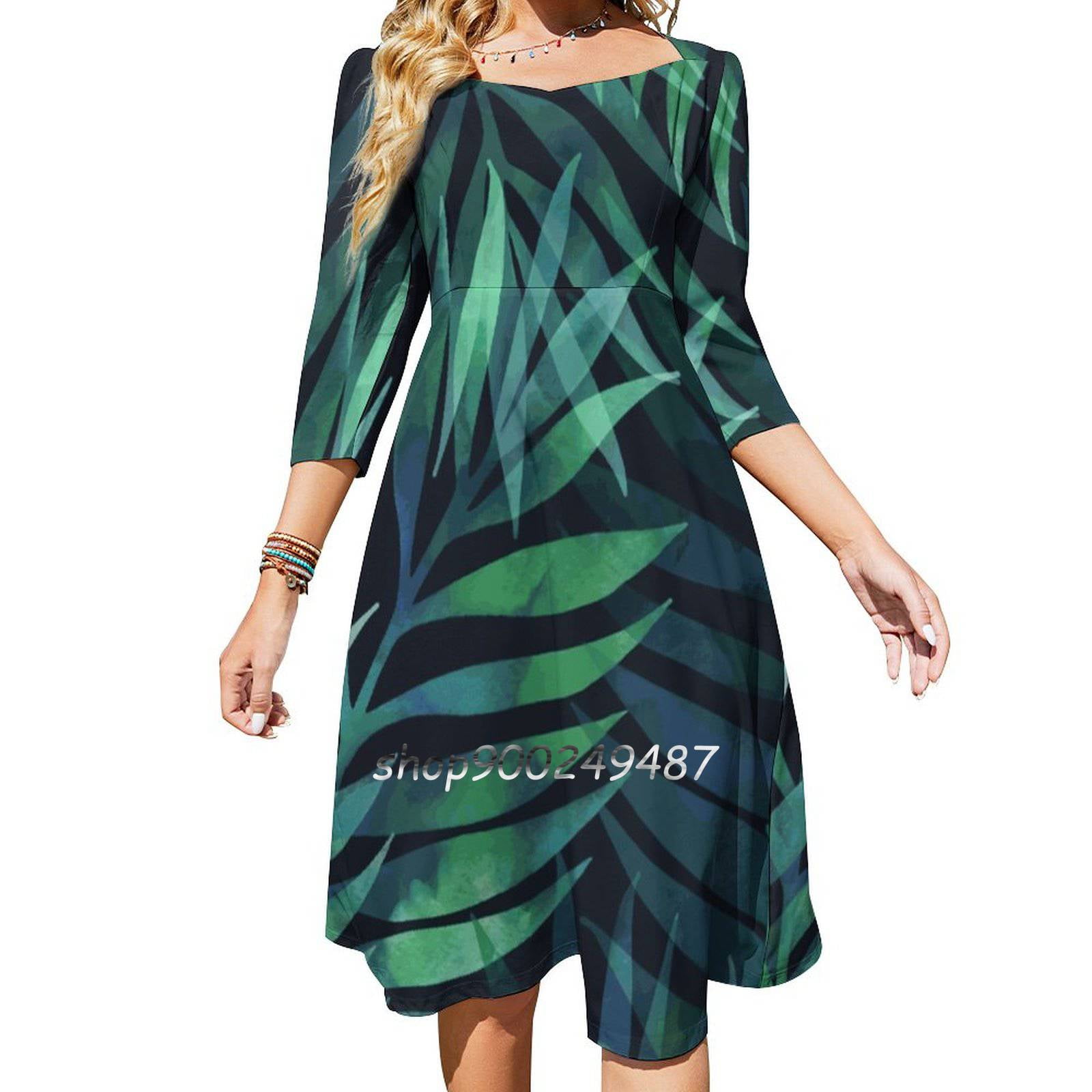 Dark Green Palms Leaves Pattern Sweetheart Knot Flared Dress Fashion ...
