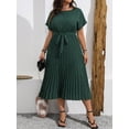 Dark Green Plus Size Crew Neck Short Sleeve All-Over Print Pleated Midi ...