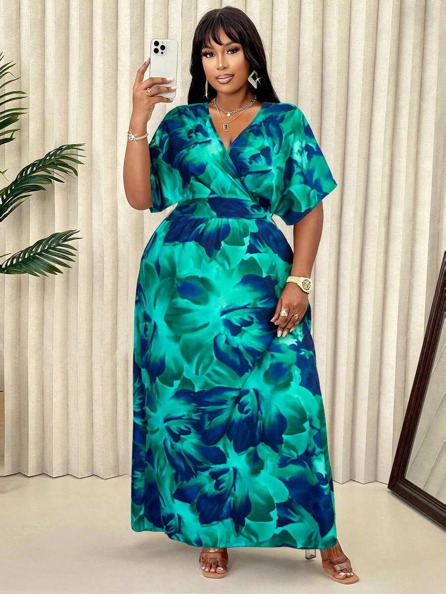 Dark Green Plus Size Women V-Neck Wrap Maxi Dress With Bold Floral ...