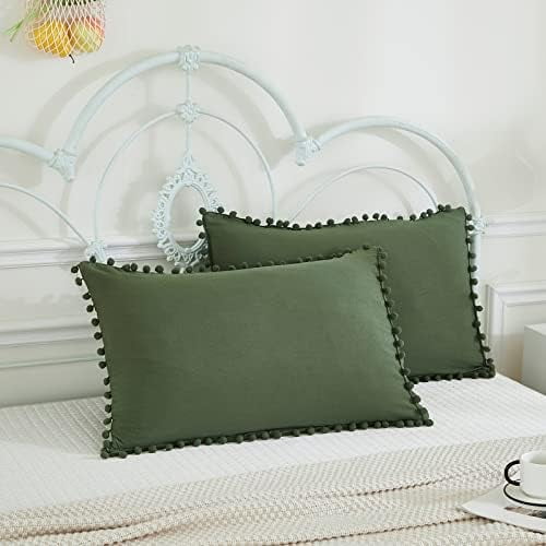 Dark Green Pom Poms Pillowcases King, Green Pillowcases Set of 2, 100% ...