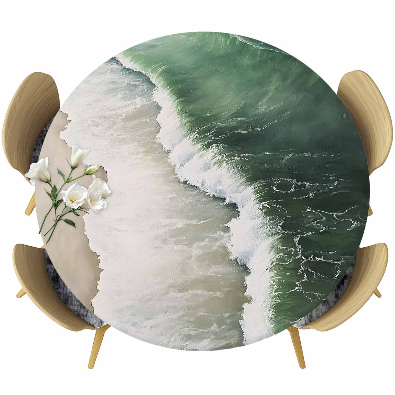 Dark Green Round Fitted Table Cover Ocean Wave Beach Scenery Modern Art ...