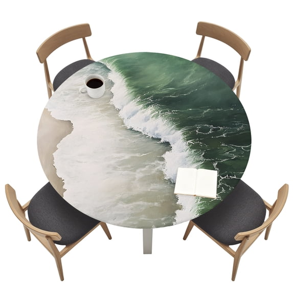 Dark Green Round Fitted Tablecloth Ocean Wave Beach Scenery Modern Art ...