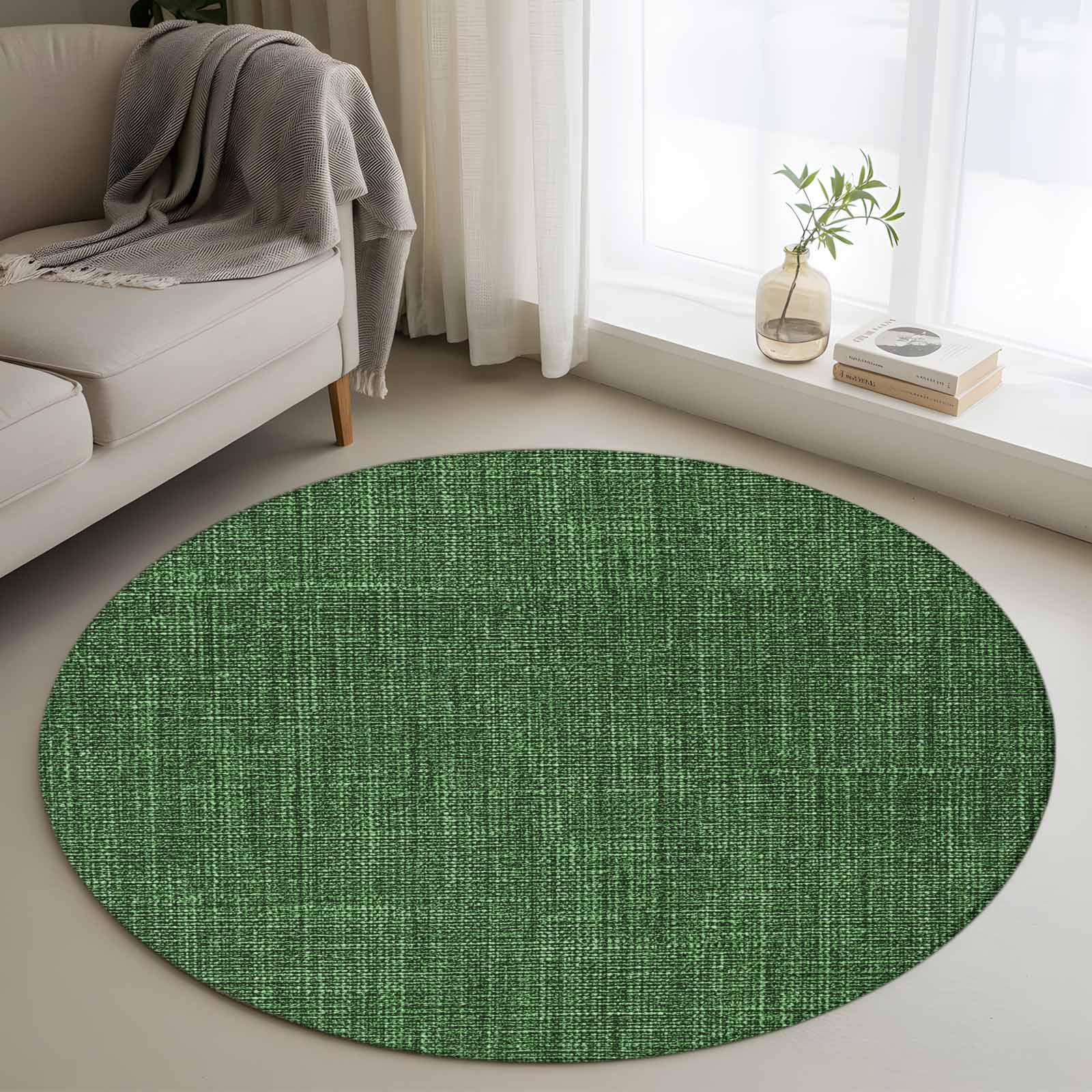 Dark Green Round Rugs 4ft, Farmhouse Burlap Solid Green Color Modern ...
