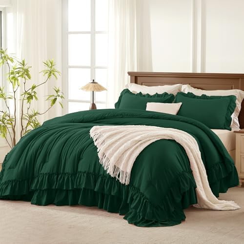 Dark Green Ruffle Comforter Full Set, 3pcs Vintage Farmhouse Shabby ...