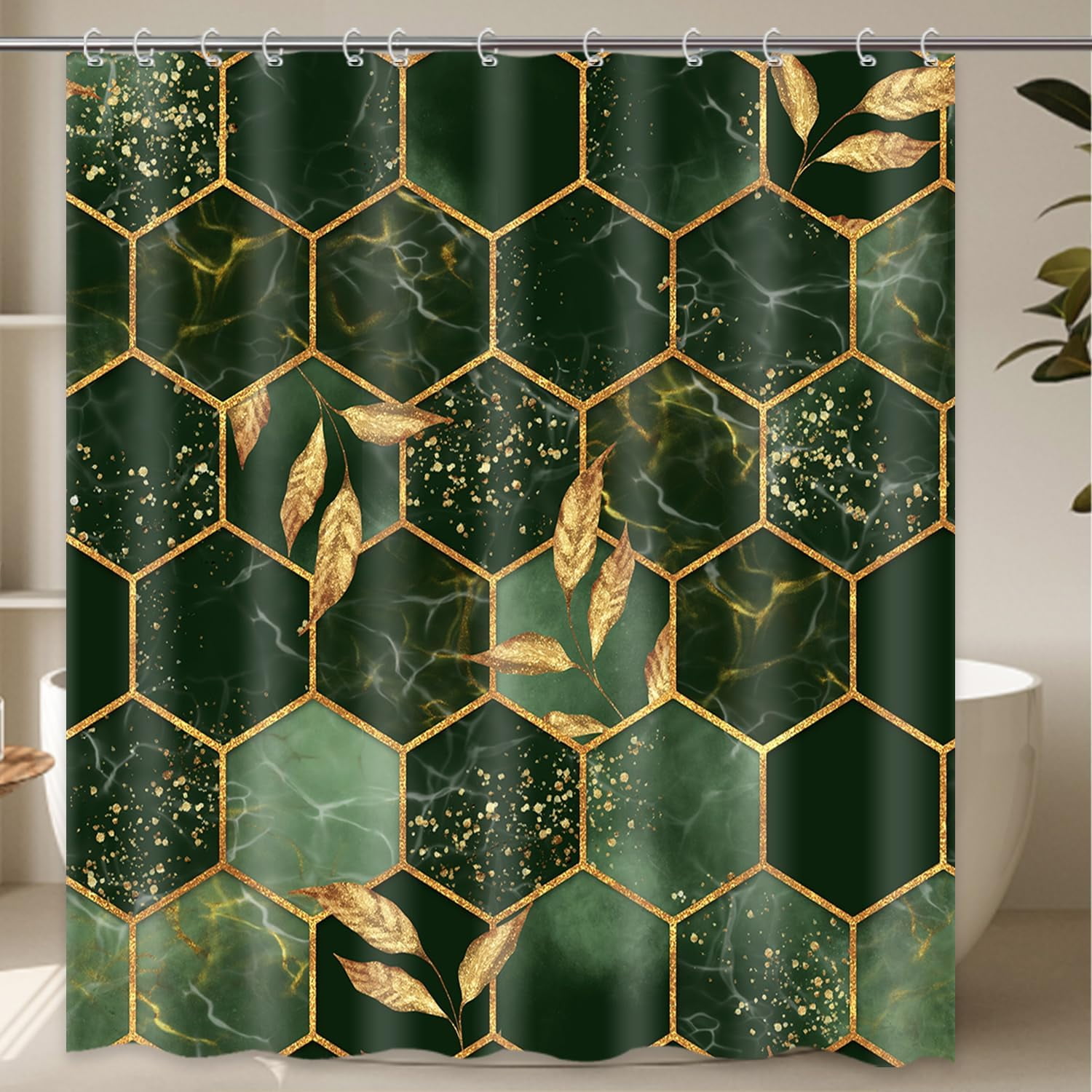 Dark Green Shower Curtain Emerald Marble Bath Curtain Gold Decor Leaves ...