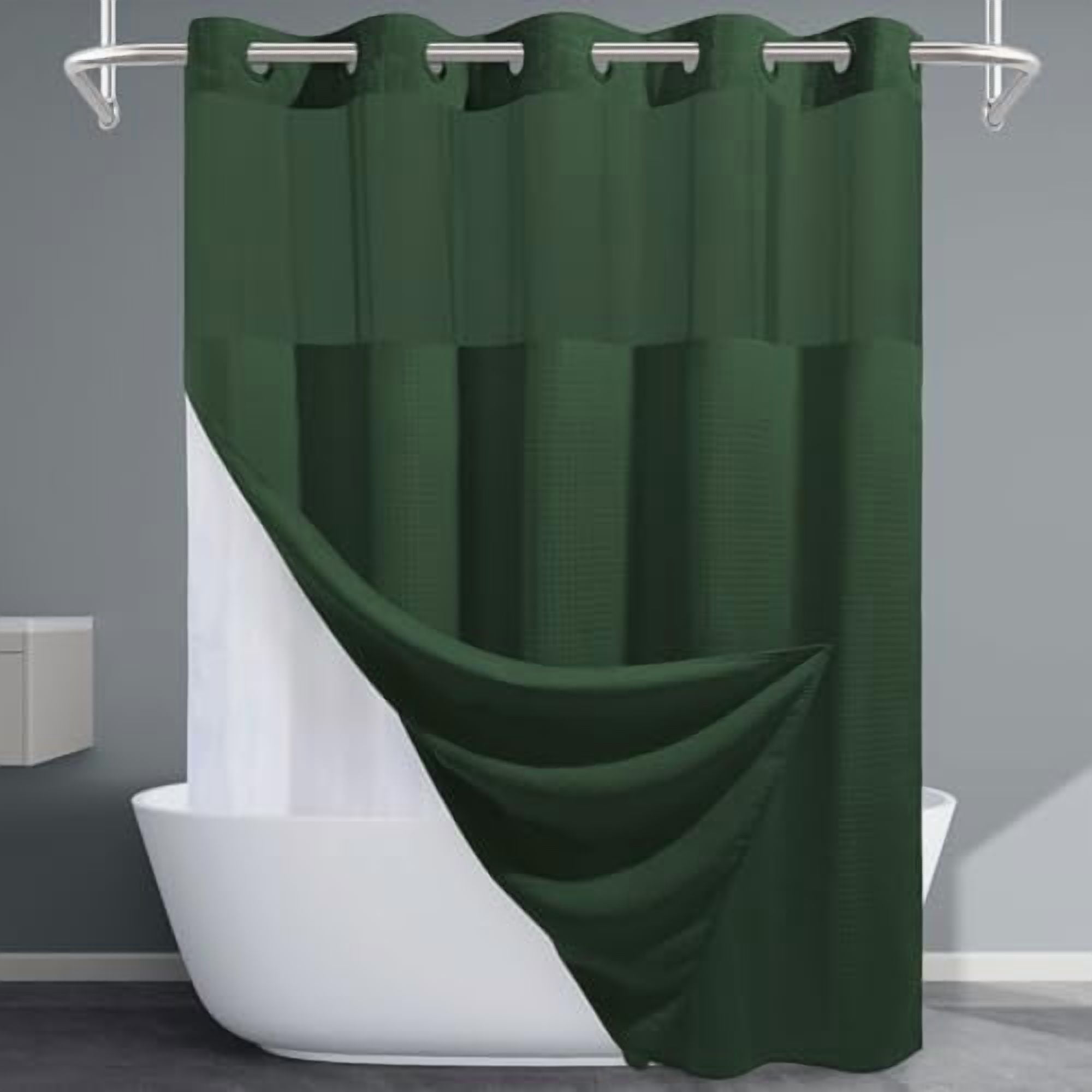 Dark Green Shower Curtain and Liner Set - 230GSM Waffle Weave Textured ...