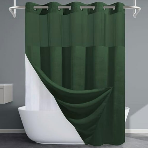 Dark Green Shower Curtain and Liner Set - 230GSM Waffle Weave Textured ...