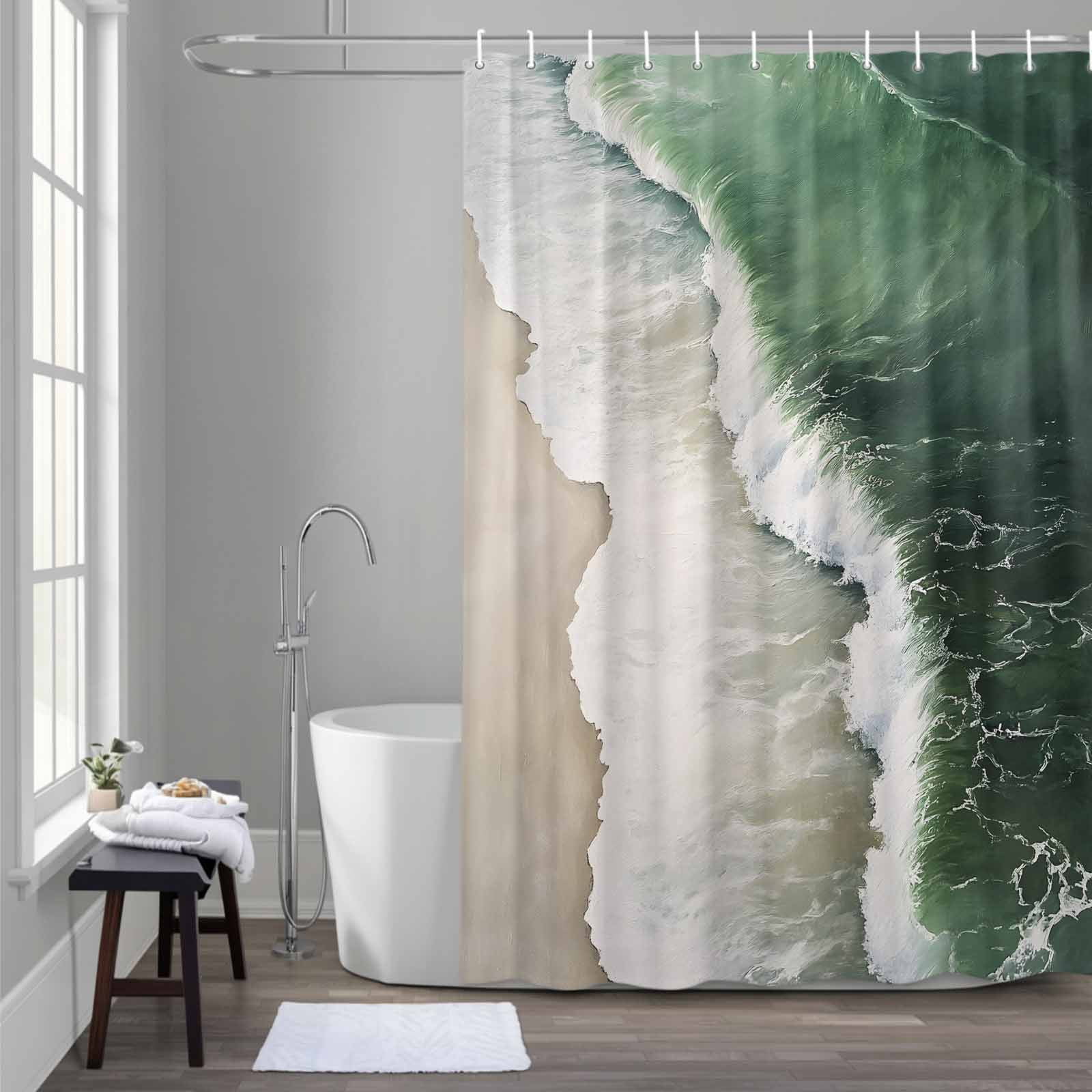 Dark Green Shower Curtain for Bathroom Decor, Ocean Wave Beach Scenery ...