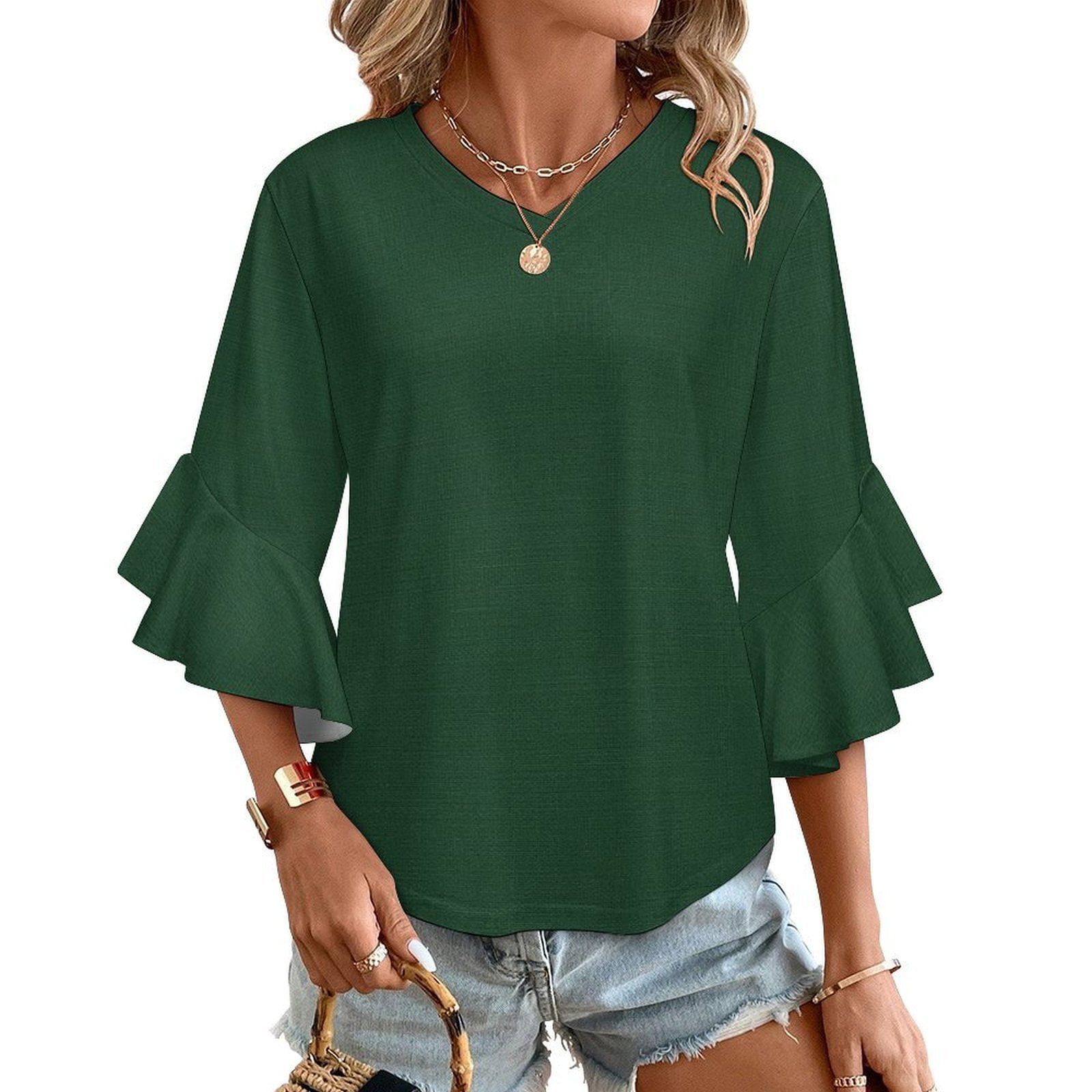 Dark Green Solid Fabric Texture Women's V-Neck Blouse With 3/4 Ruffled ...