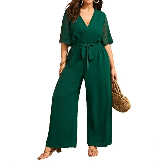 Dark Green Solid Wrap Women's Plus Size Jumpsuit, Stretchy and Loose ...