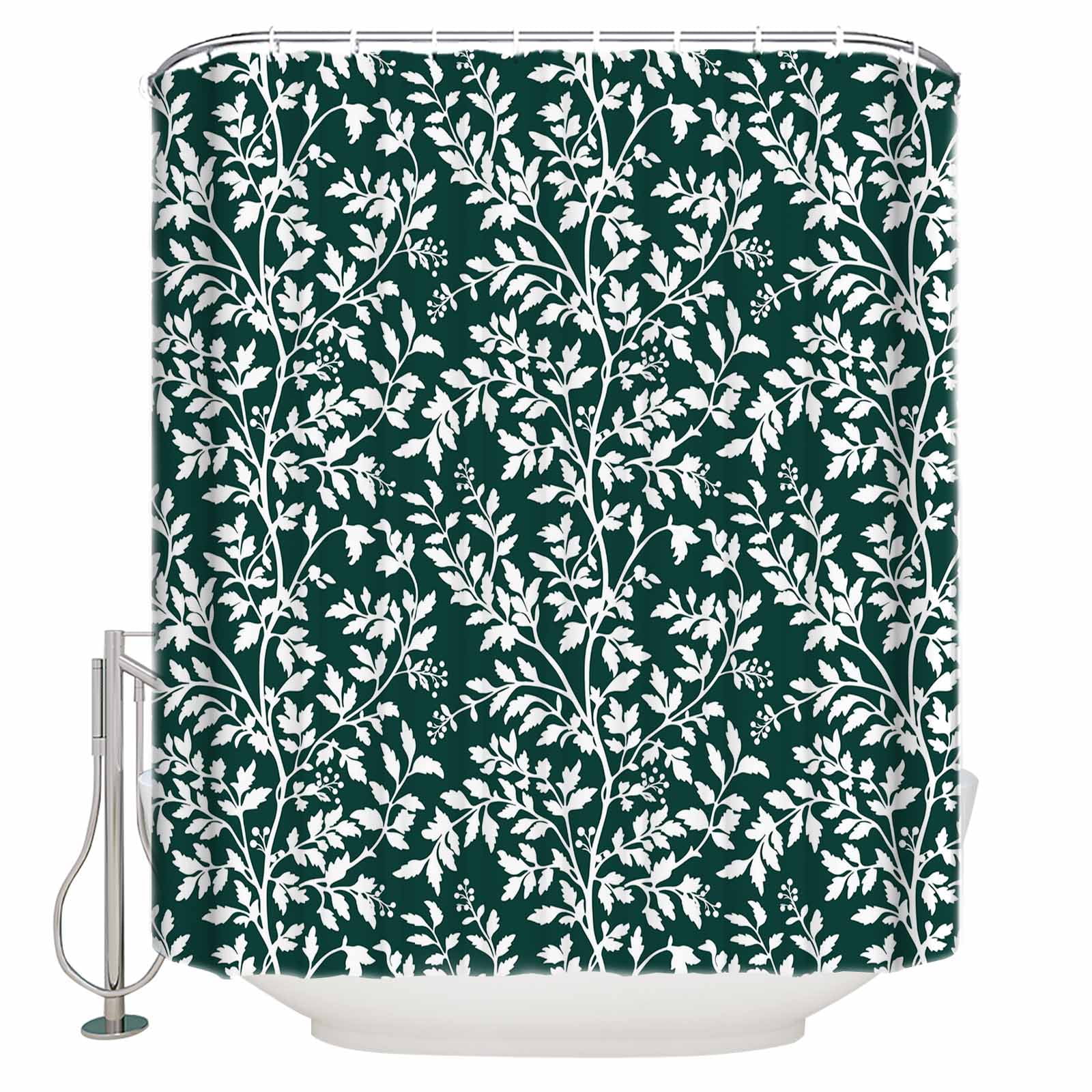 Dark Green Spring Floral Bathroom Shower Curtains with 12 Hooks ...