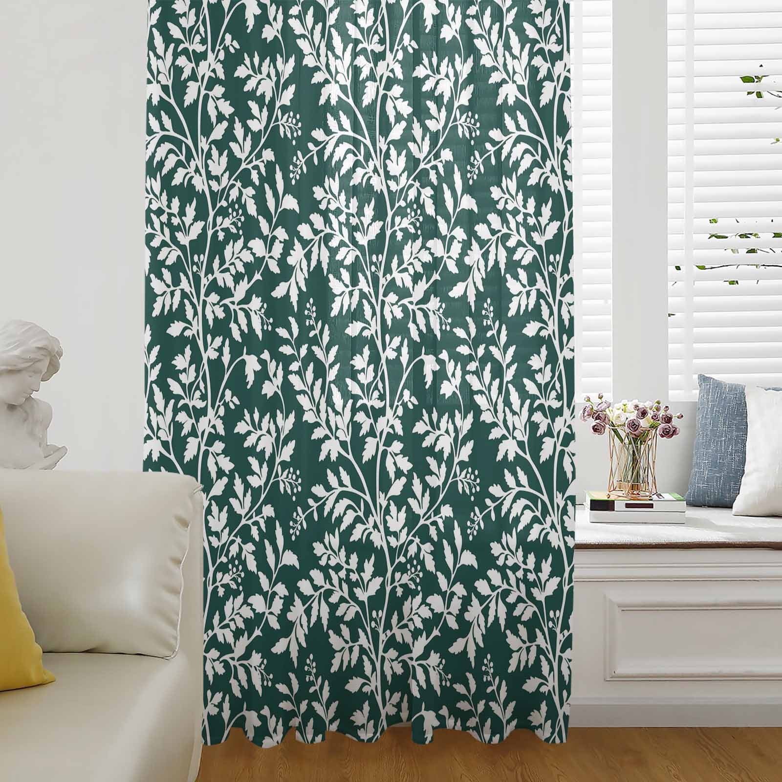 Dark Green Spring Floral Semi Sheer Curtains Drapes for Living Room ...