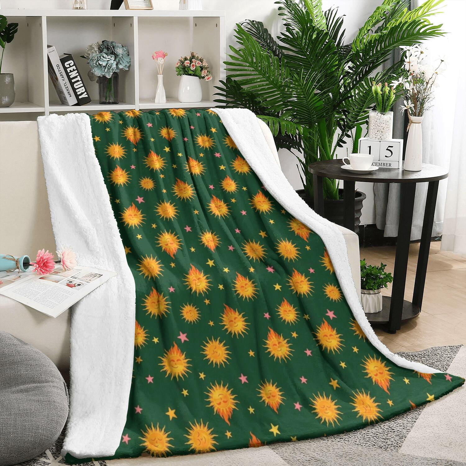 Dark Green Star Sun Pattern Blanket,Comfortable Soft Lamb Wool Throw ...