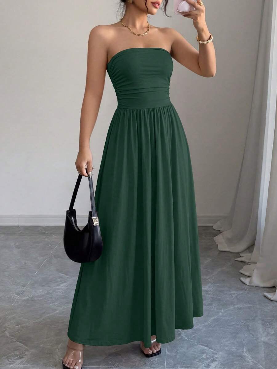 Dark Green Strapless Ruched Flowy Maxi Dress With Side Pocket Casual ...