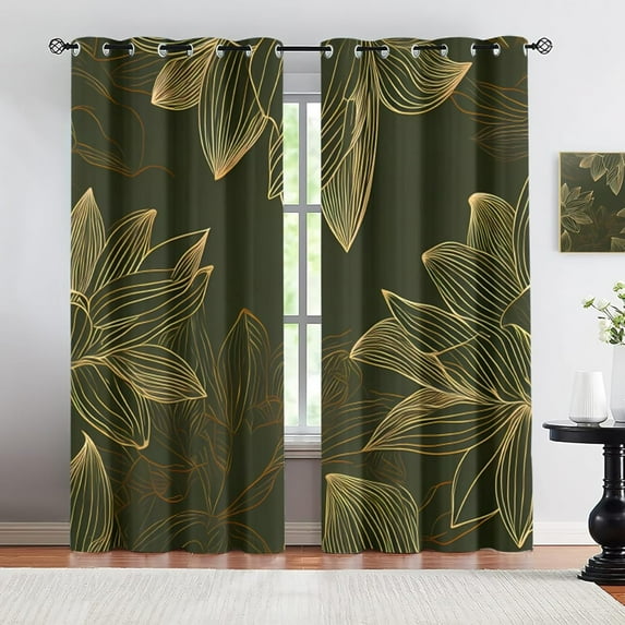 Dark Green Striped Lotus Flower Print Curtain, Pastoral Fresh Flowers ...