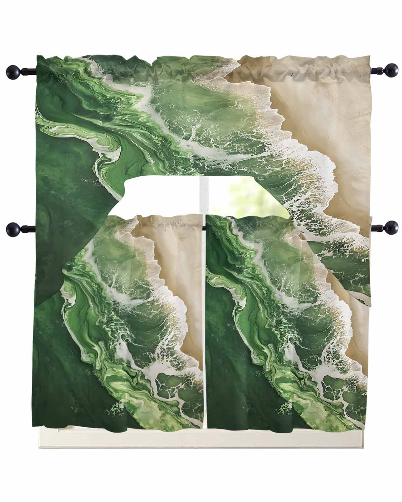 Dark Green Swag Valance and Tier Curtains Set Beige Gradient Ocean Wave ...