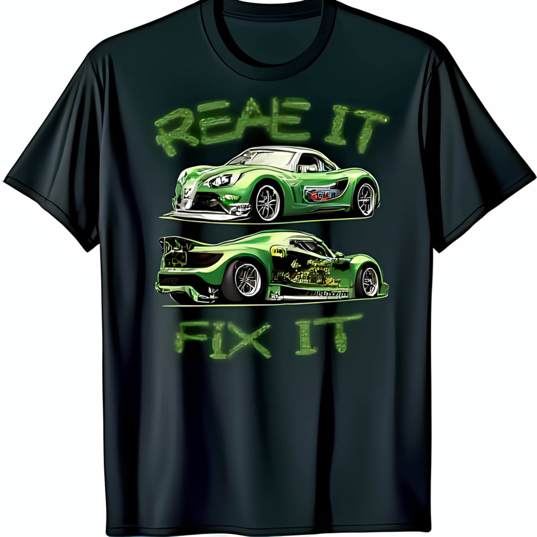 Dark Green T-Shirt with Reae It and Fix It Text & Race Car Graphics ...