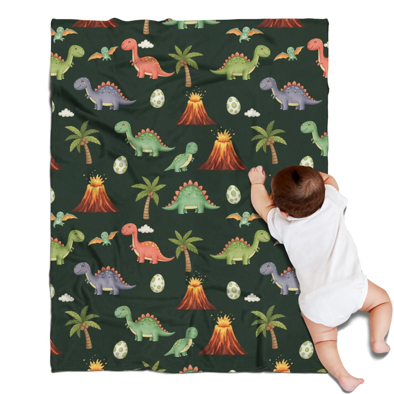 Dark Green Toned Dinosaur and Volcano Pattern Blanket,Comfortable Soft ...